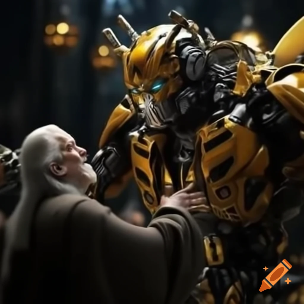 Bumble-bee transformer giving high five to a wizard character on Craiyon