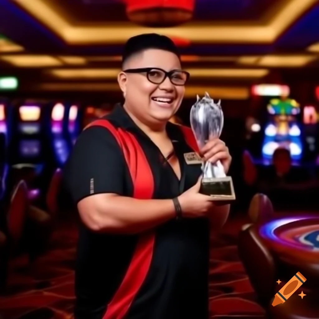 Ecuadorian man in glasses wearing black and red uniform shirt celebrating award win in casino on ...
