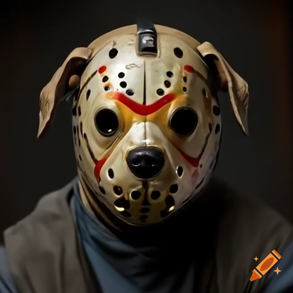 Realistic dog wearing Jason Voorhees mask with machete on Craiyon