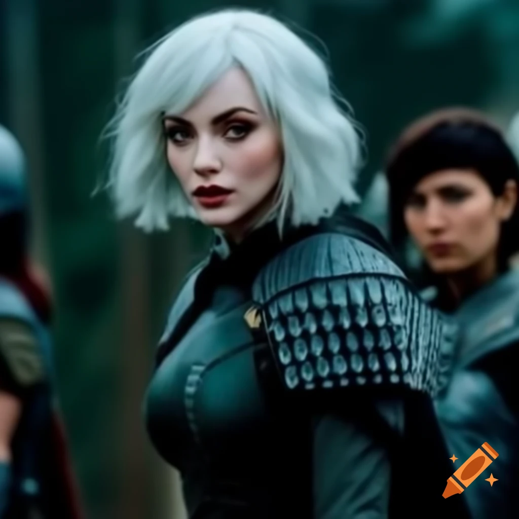 Christina Hendricks cosplaying as an elf with short white hair on Craiyon