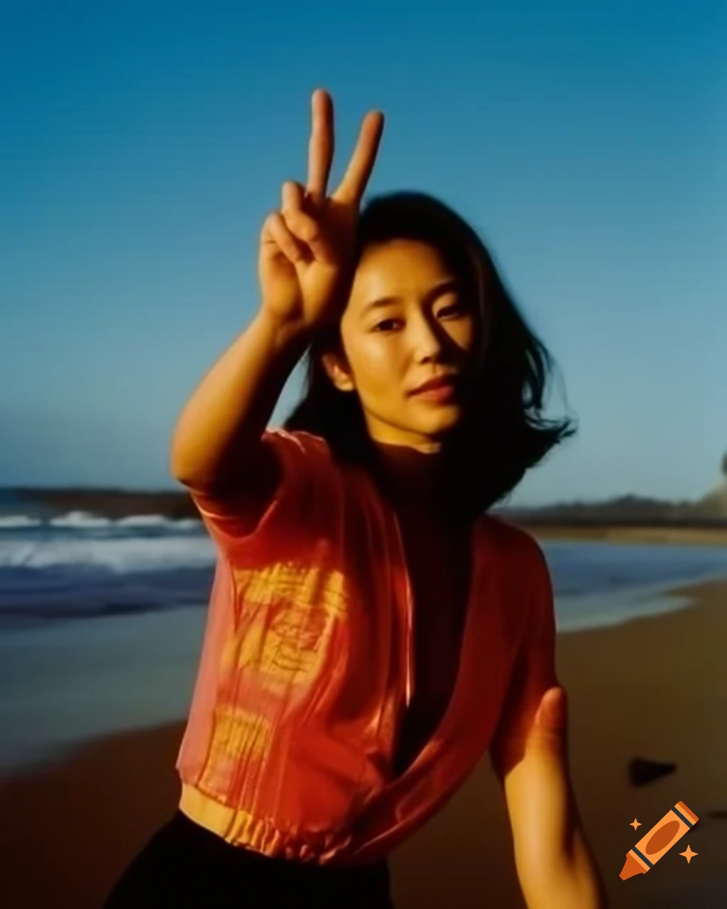 1980 vintage photo of Japanese idol actress in city pop clothes on palm ...