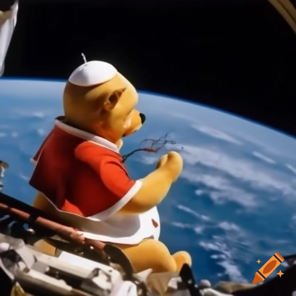 Winnie the pooh as a pope riding a rocket in space on Craiyon