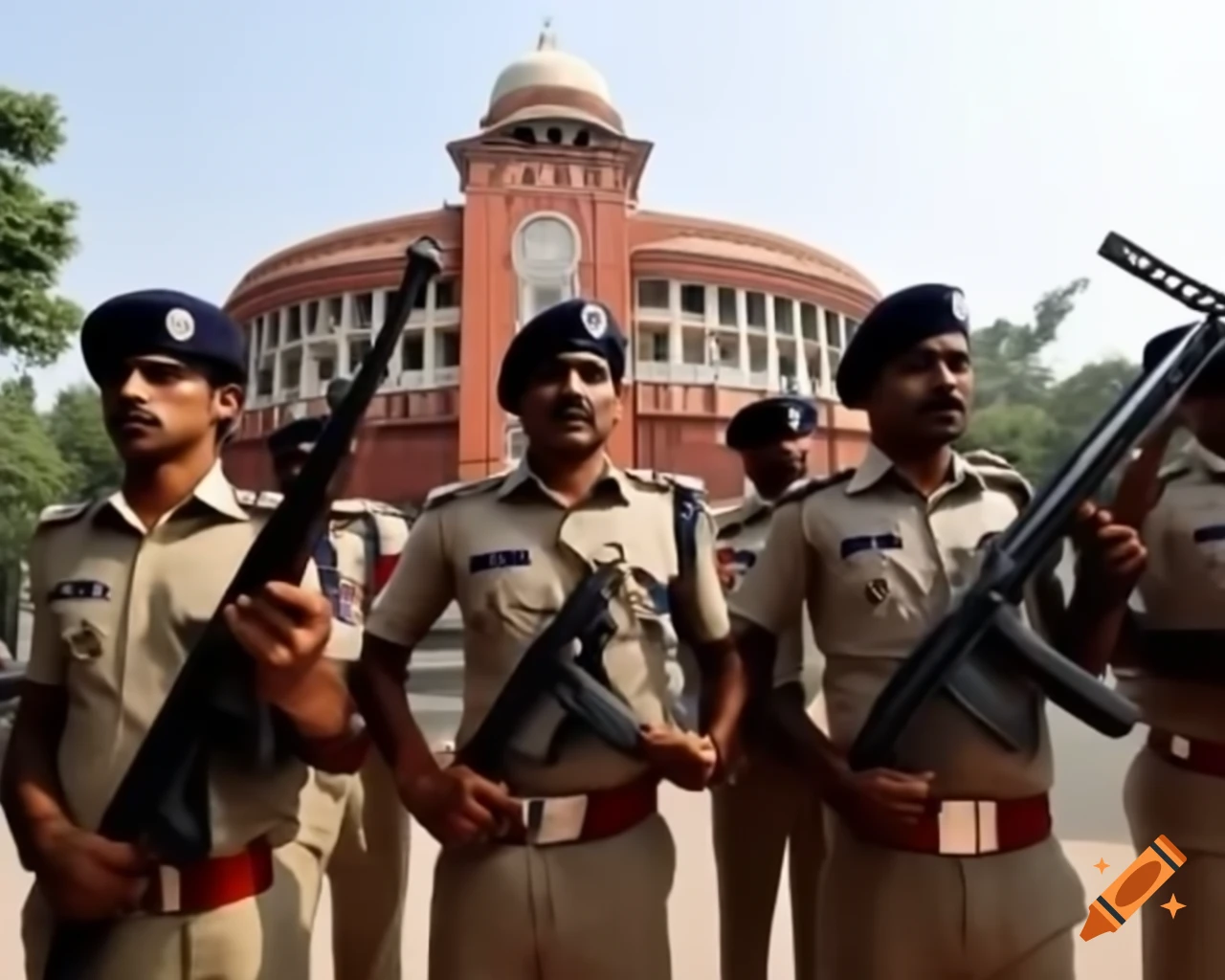 Indian police officers with modern weapons at police headquarters on ...