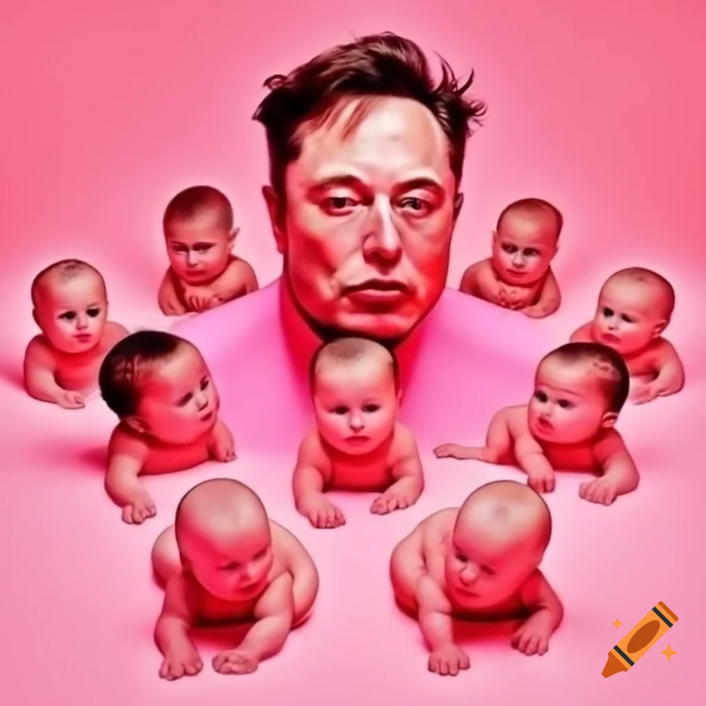 Elon musk wearing pink onesie surrounded by ten babies in ...