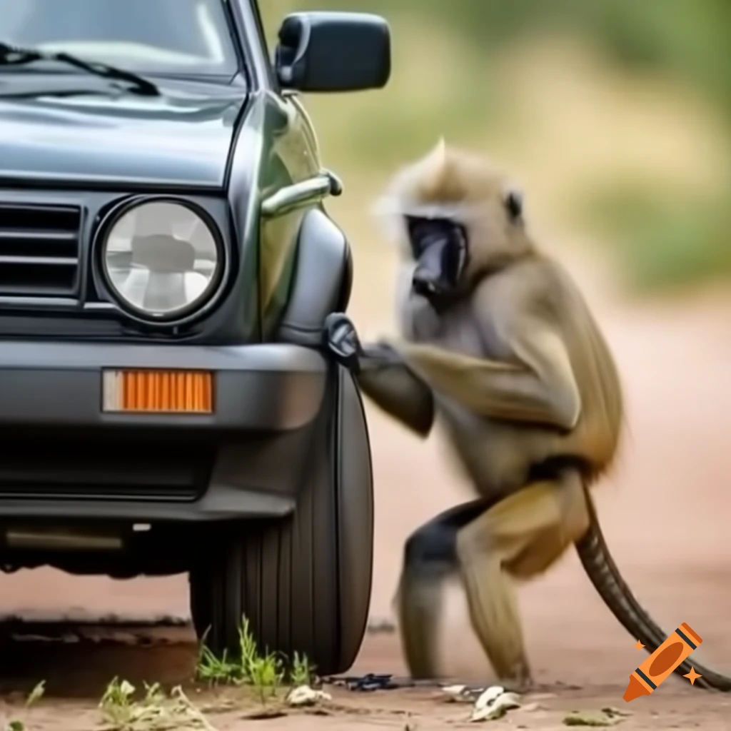 Baboon working on a vw golf car on Craiyon