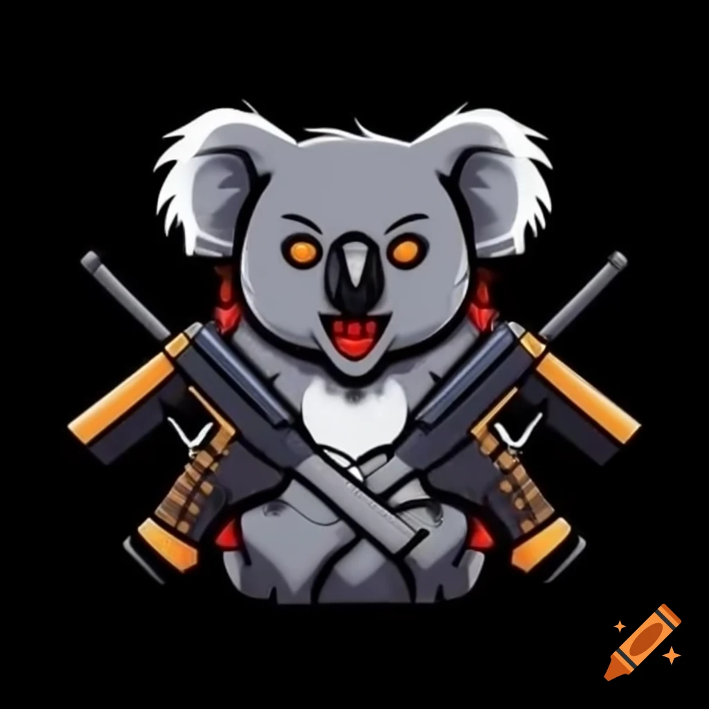 Koala holding paintball guns in a humorous scenario on Craiyon