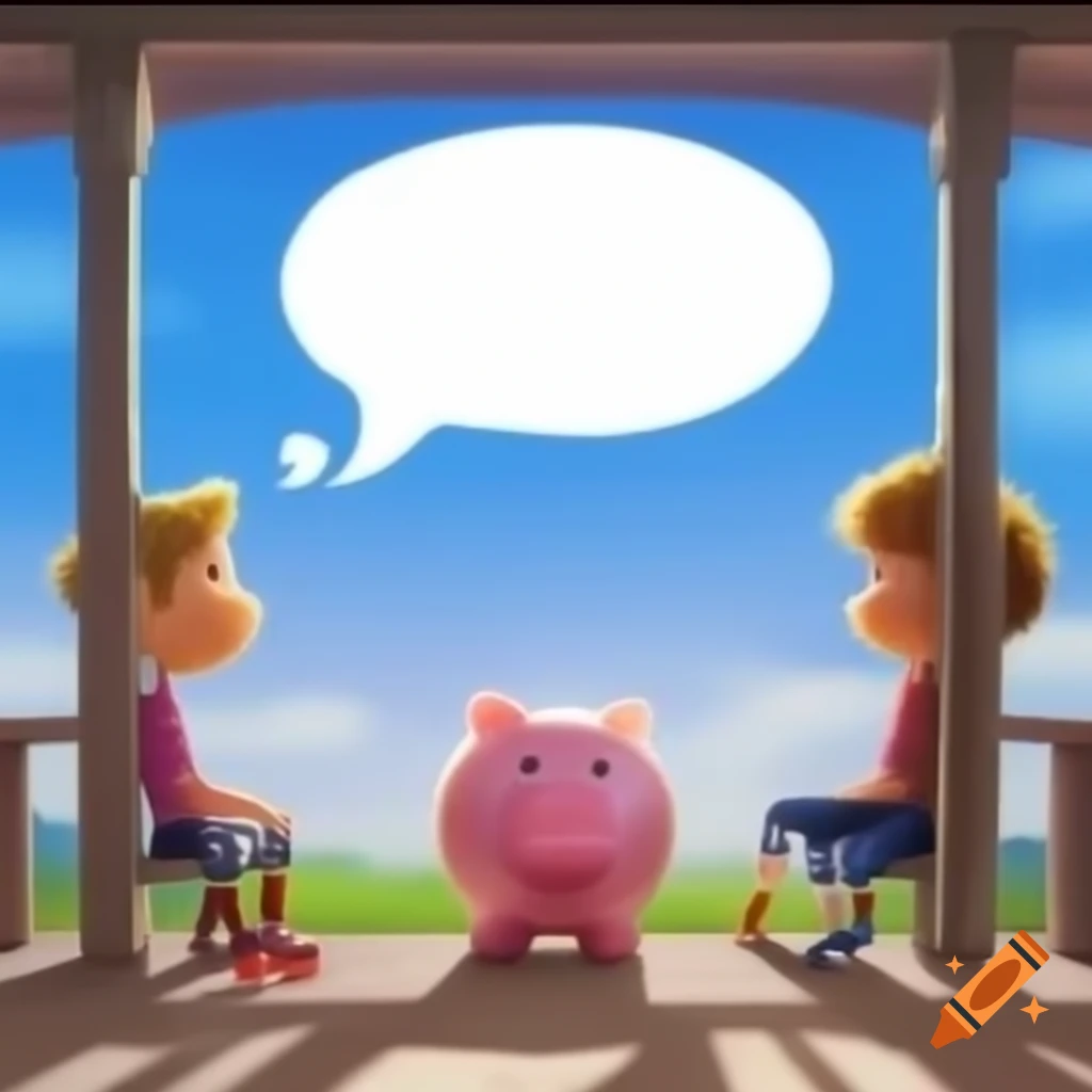 Sam and Emma on porch with empty piggy bank, dreaming of toys on Craiyon