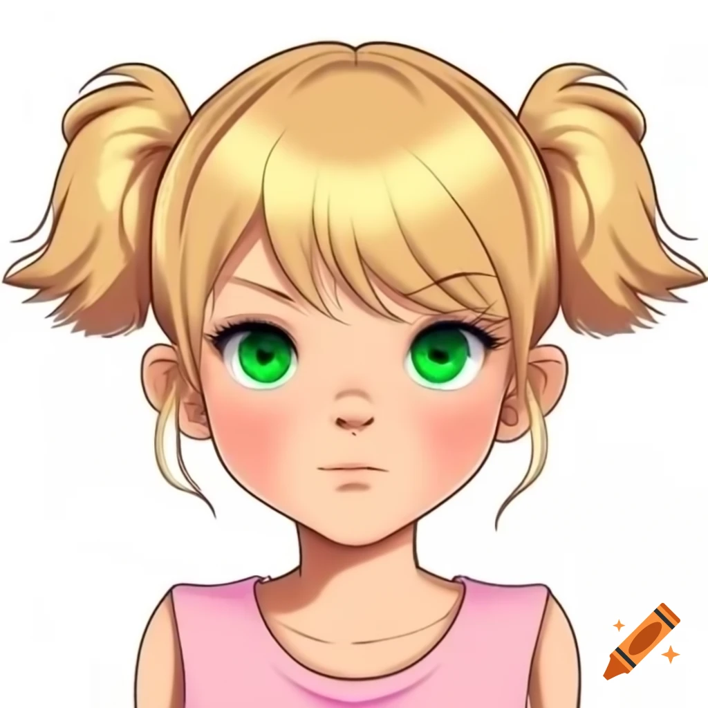 Anime Girl With Blonde Hair And Green Eyes Wearing Pink T Shirt And