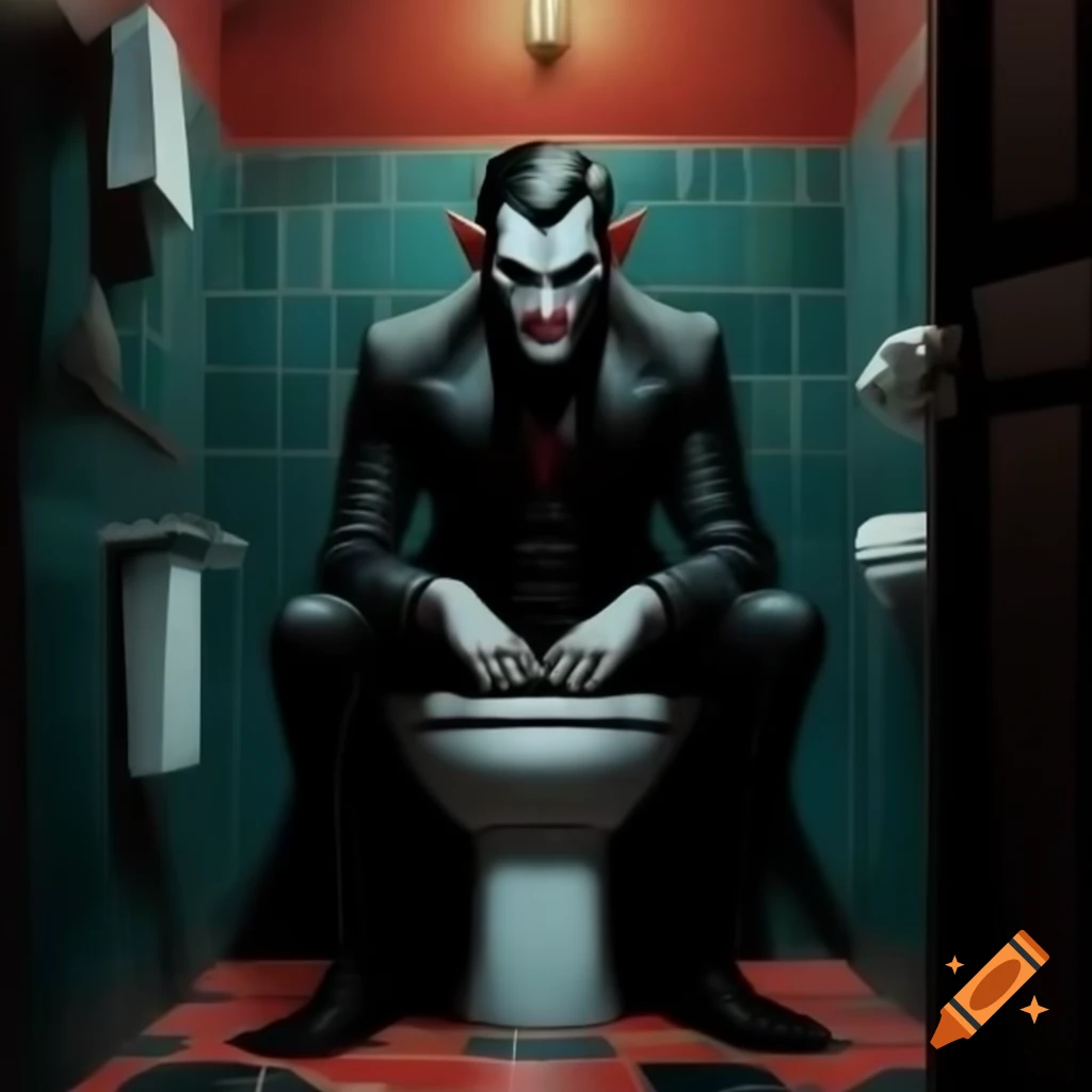 Vampire in black suit sitting on toilet in dimly lit bathroom on Craiyon