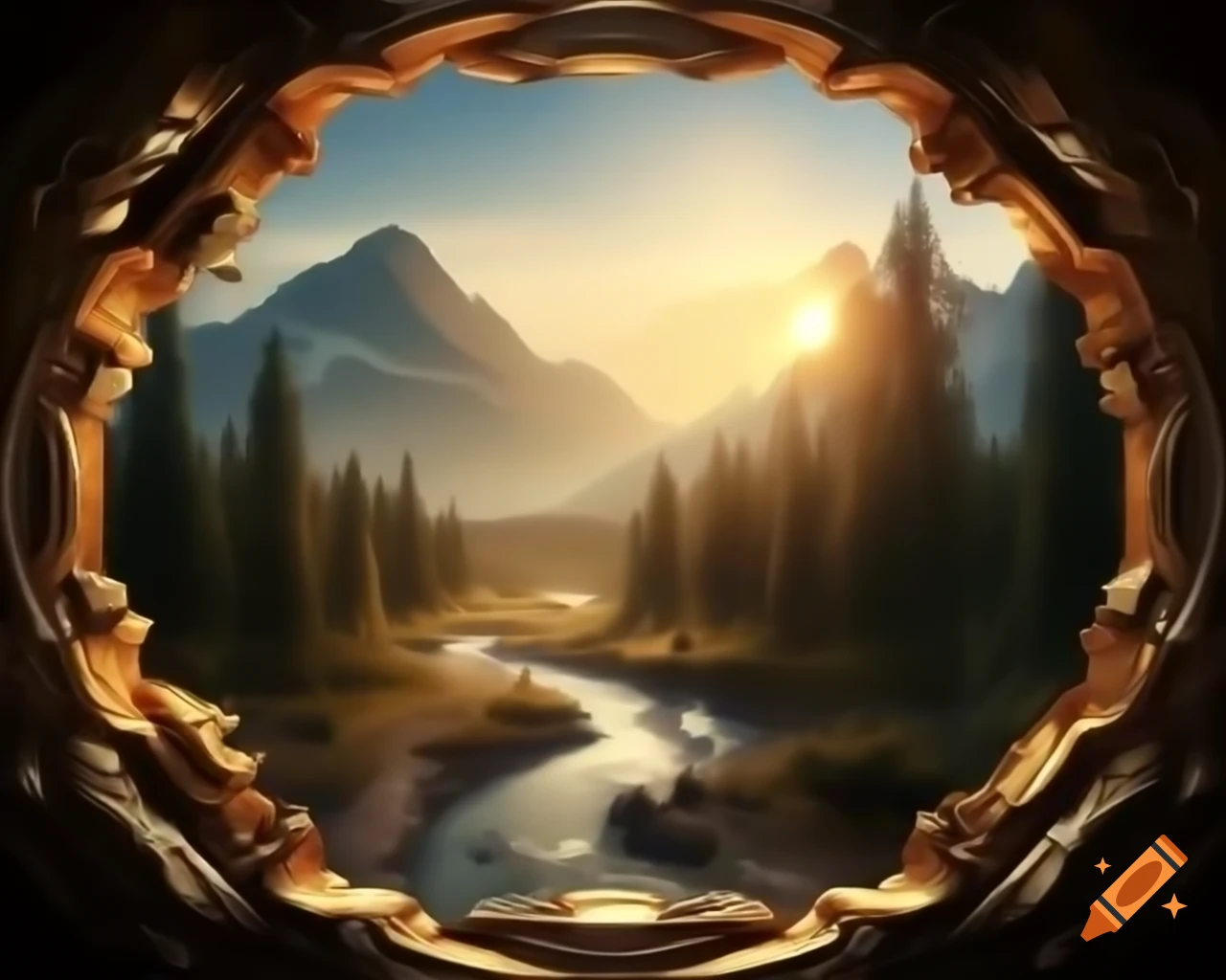 Ancient legendary photo frame made of gold with intricate carvings on ...