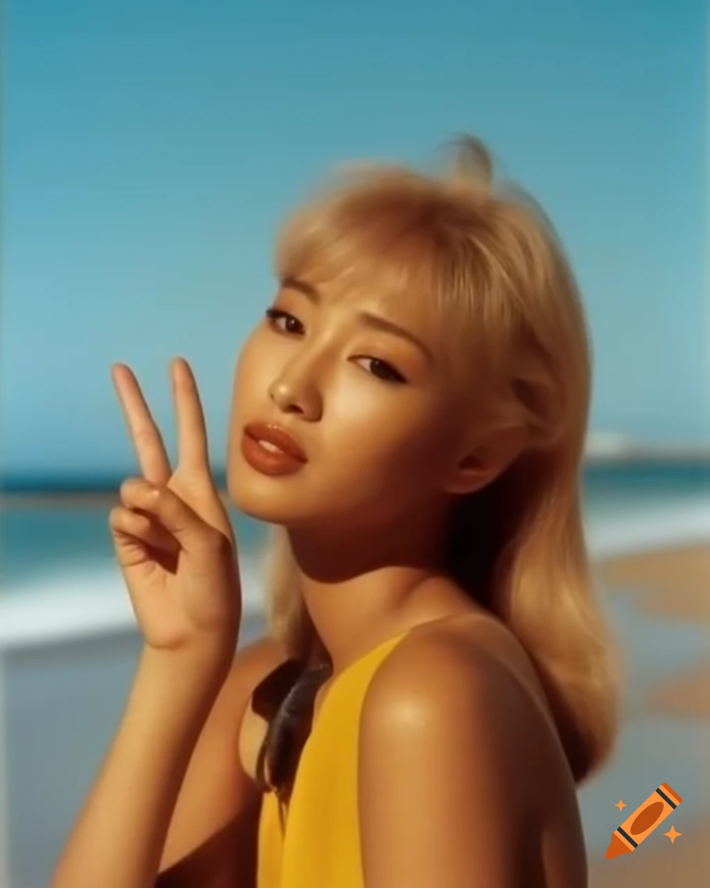 Enigmatic japanese idol actress in 1980 city pop clothes on palm beach ...