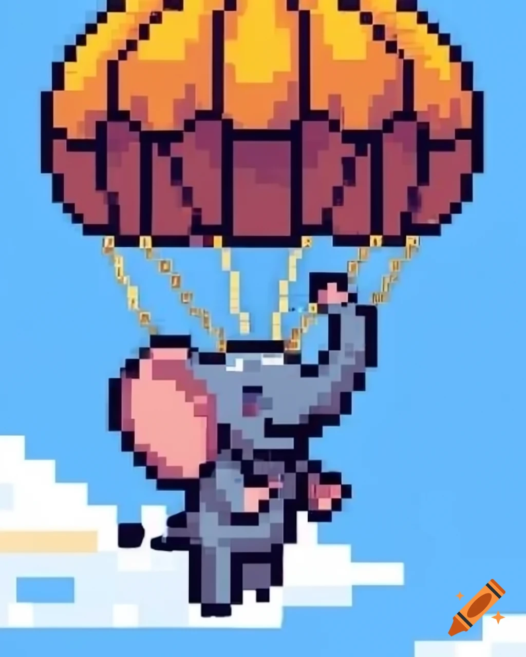 Pixel art of an elephant parachuting in 128-bit style on Craiyon