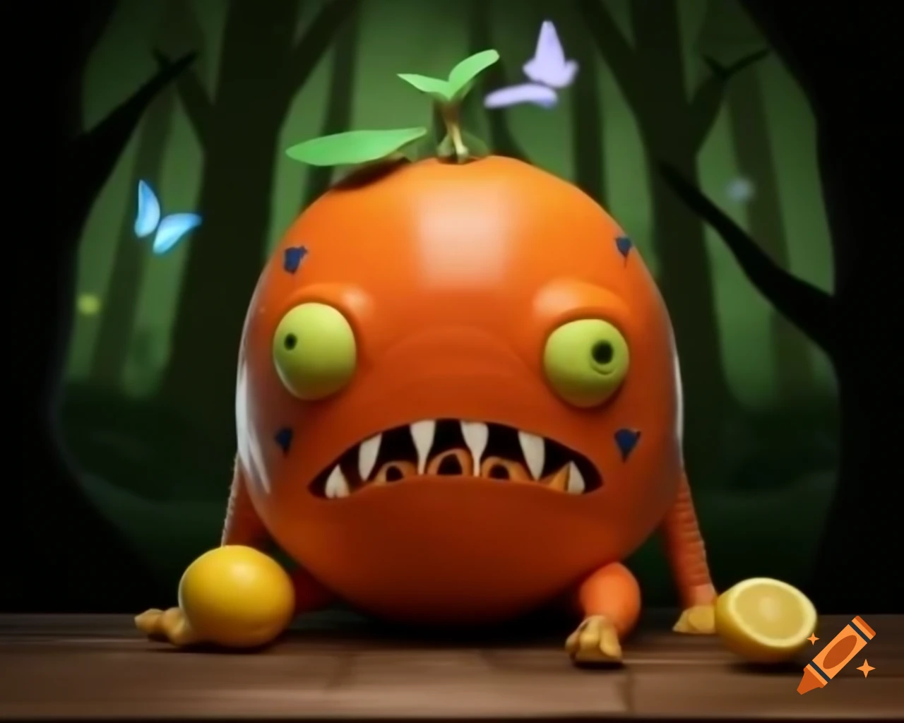 Humanoid orange fruit monster with eerie appearance and bark cloak on Craiyon