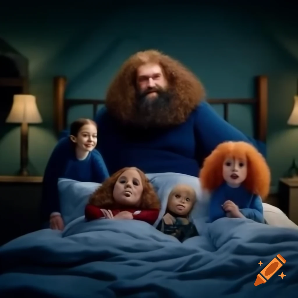Children appearing scared during a sleepover with Hagrid on Craiyon
