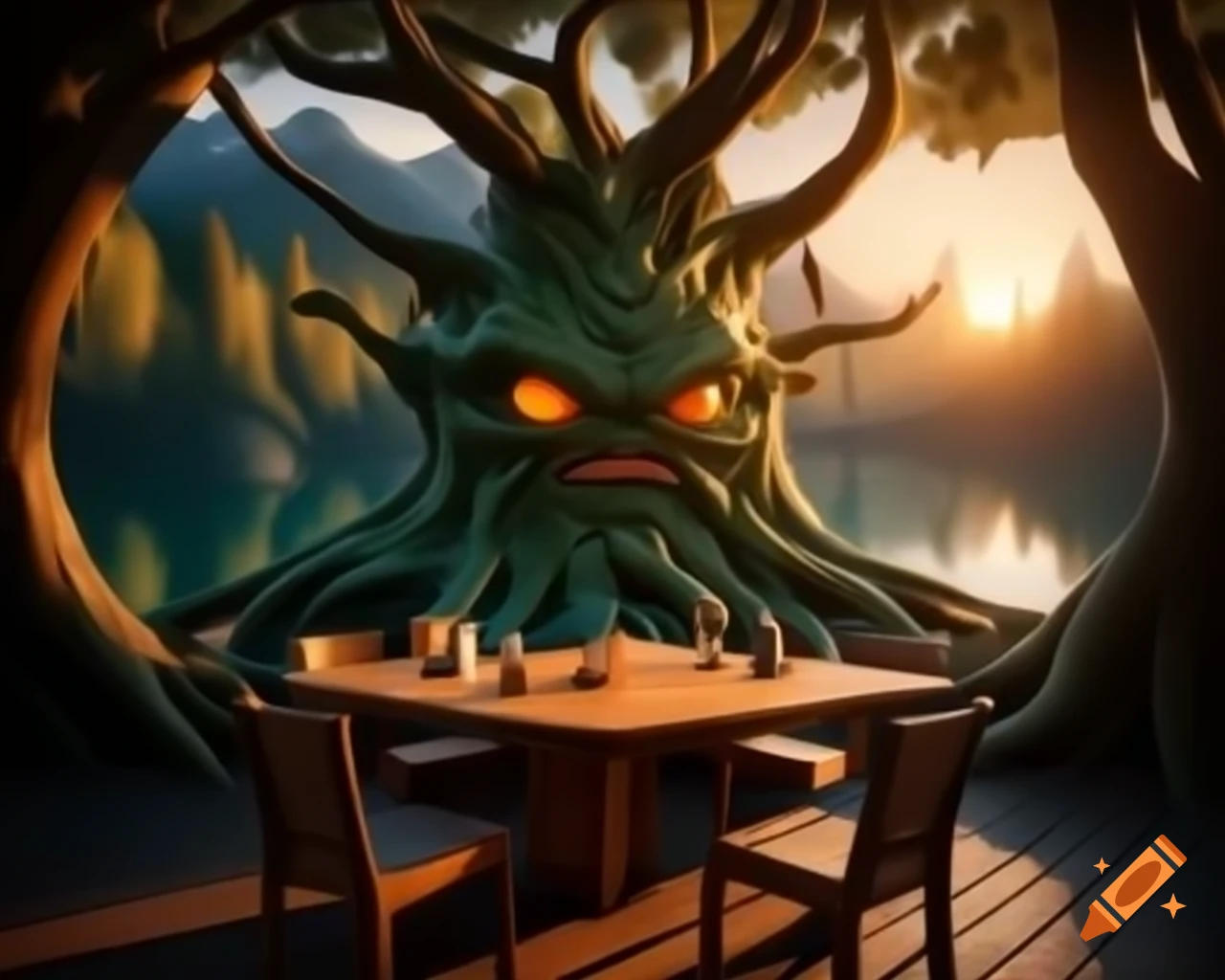 Hyper-realistic orange tree monster with human face in forest setting ...