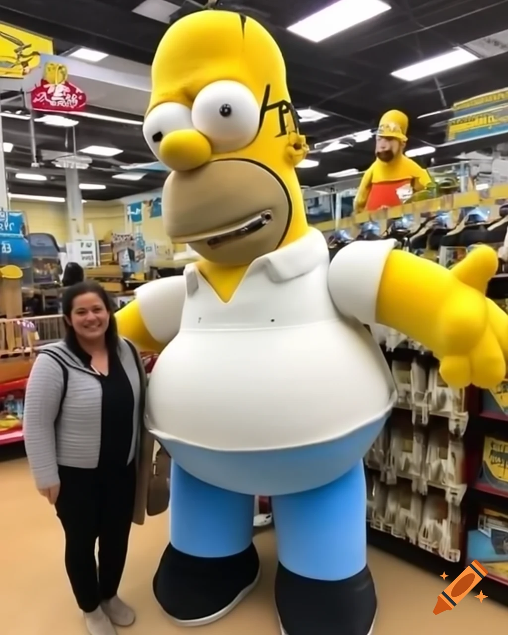 Woman surprised next to large Homer Simpson stuffed animal in store on ...