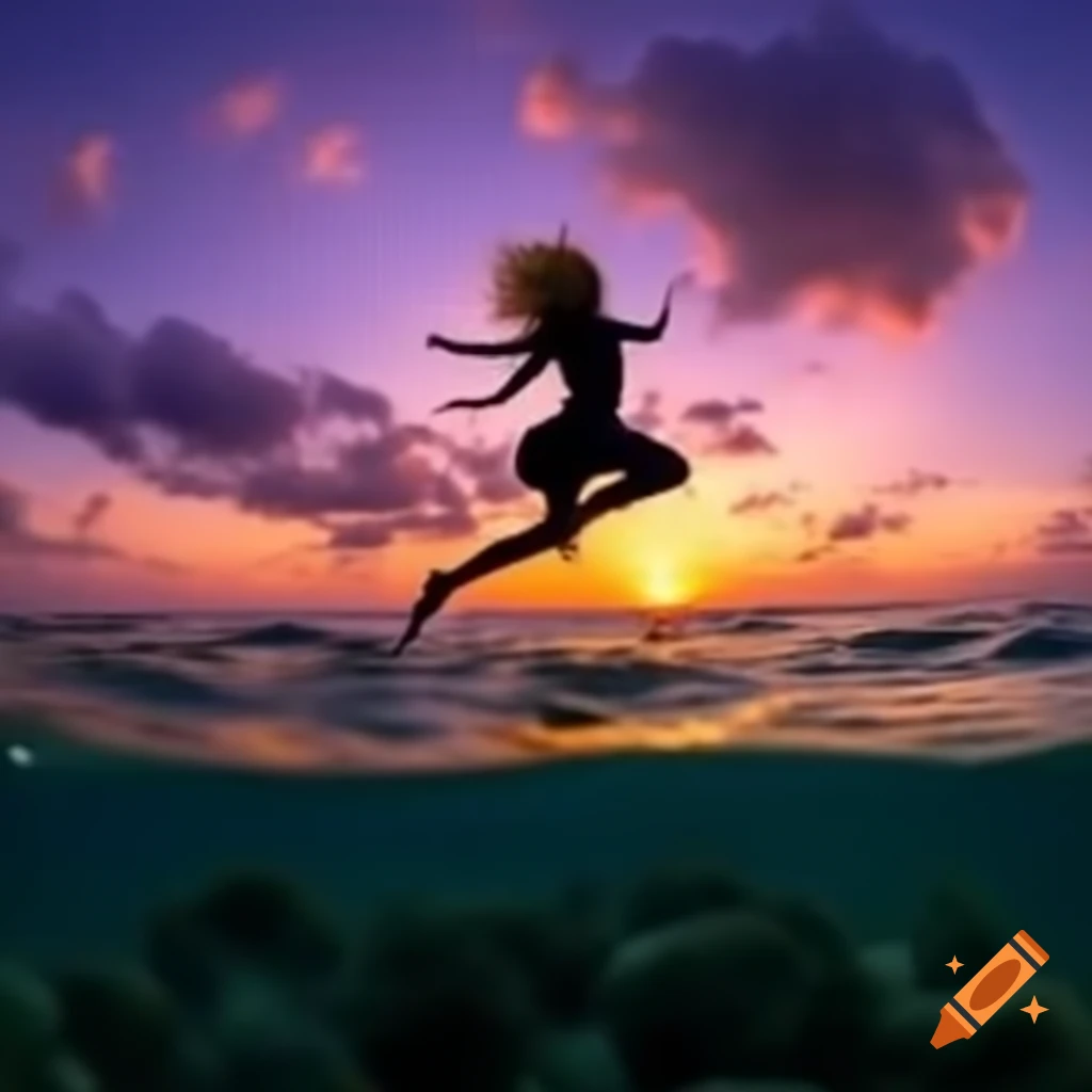 Silhouette of girl jumping into calm ocean at sunset with orange and ...