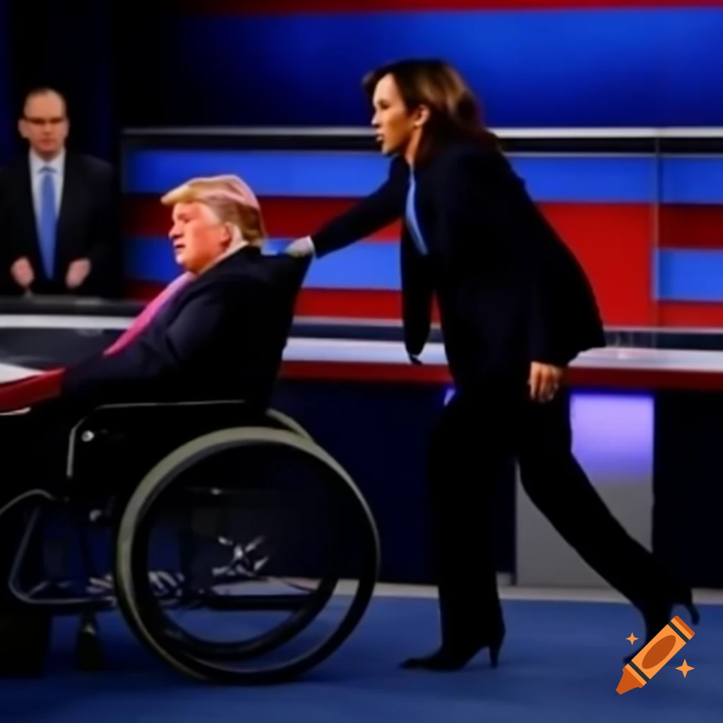 Kamala harris pushing trump in wheelchair onto debate stage on Craiyon