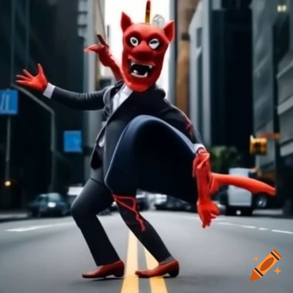 Demon in business suit dancing on vibrant summer street on Craiyon