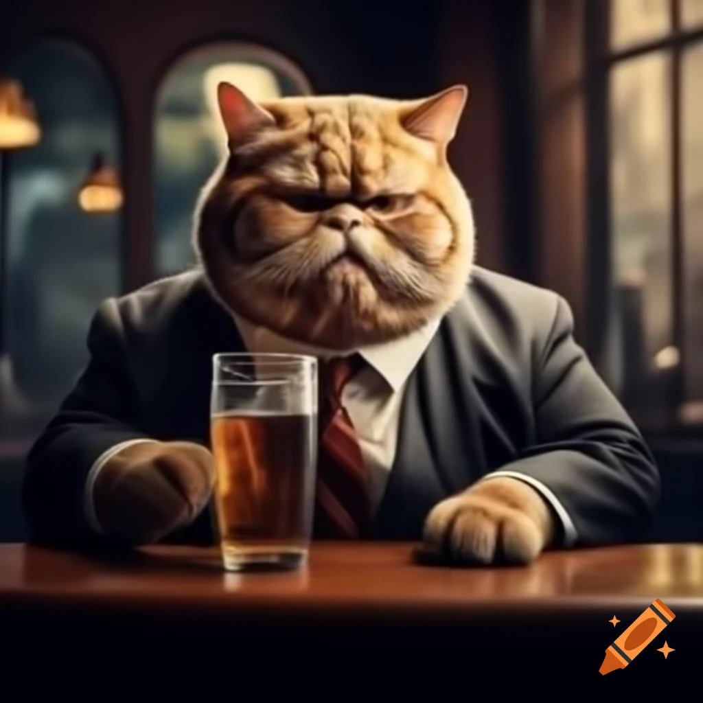 Sad cat in a suit sitting at a bar on Craiyon