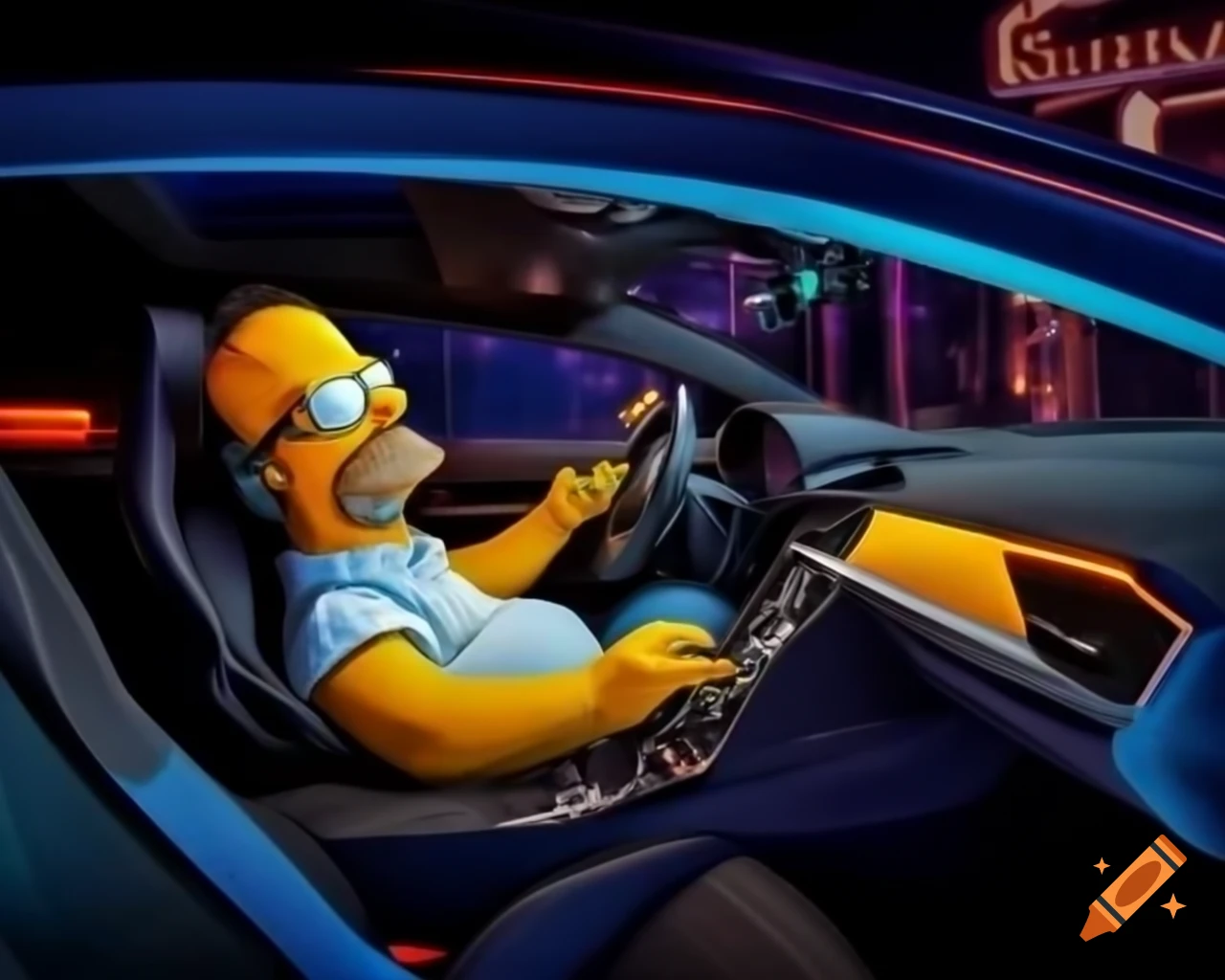 Homer Simpson driving a Lamborghini in Las Vegas with neon lights on ...