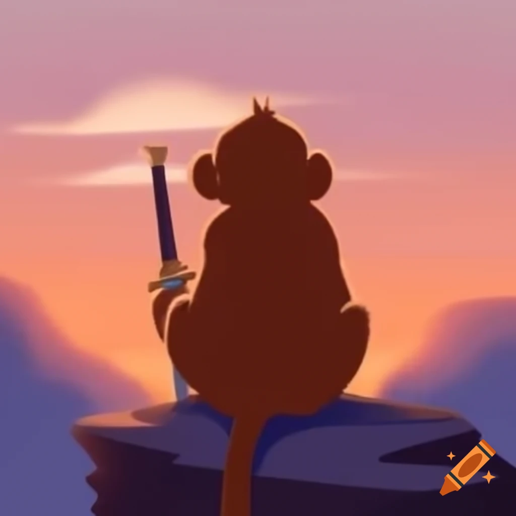 Macaque monkey facing away, holding a sword at dusk on Craiyon