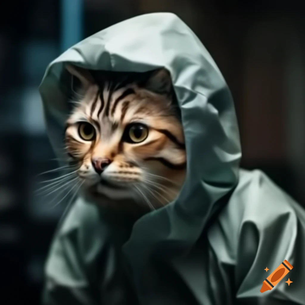 Grey and calico cat wearing a hazmat suit on Craiyon