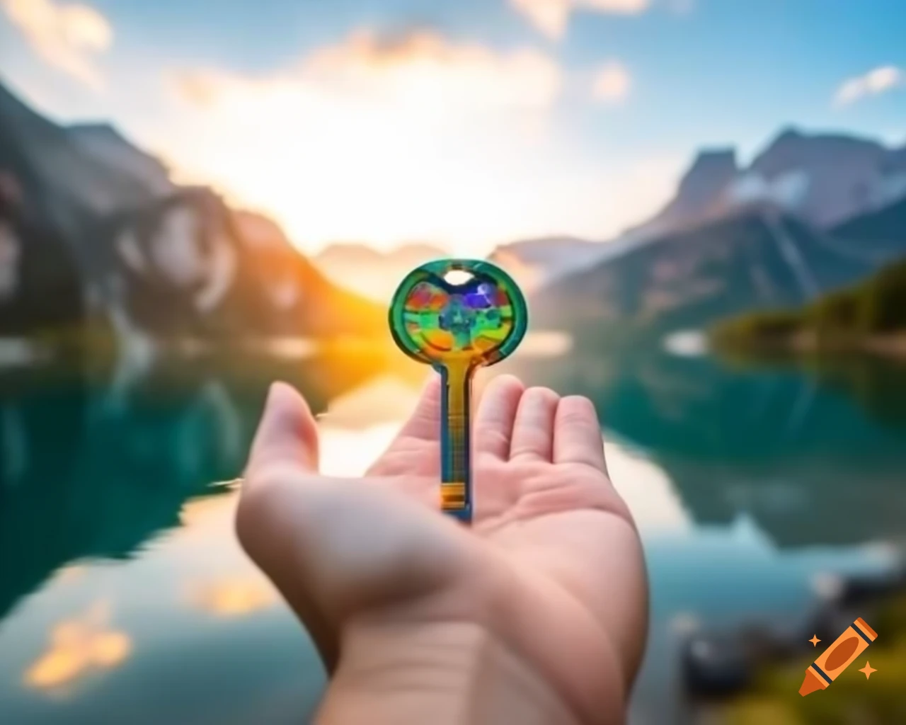 Colorful key held by female hand with beautiful landscape in the ...