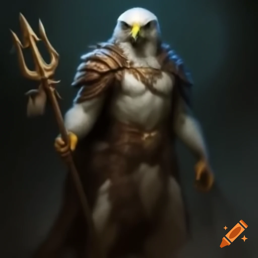 Humanoid buzzard character holding trident and net on Craiyon