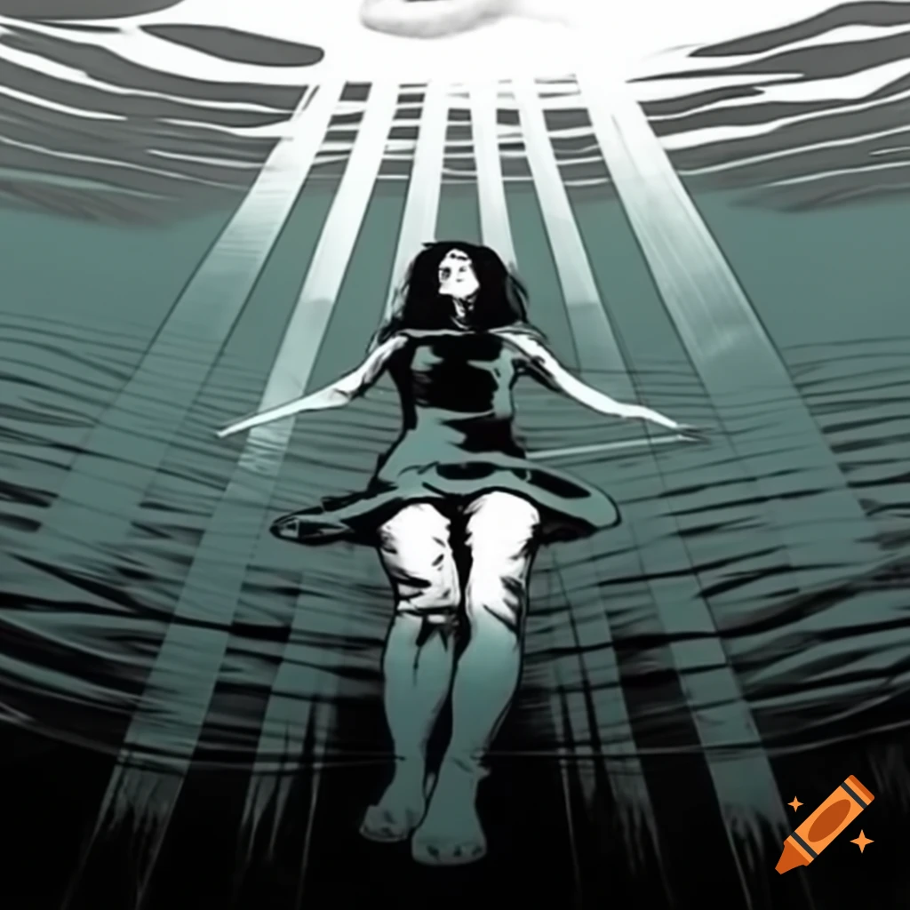 Comic-style black and white illustration of woman underwater in ...