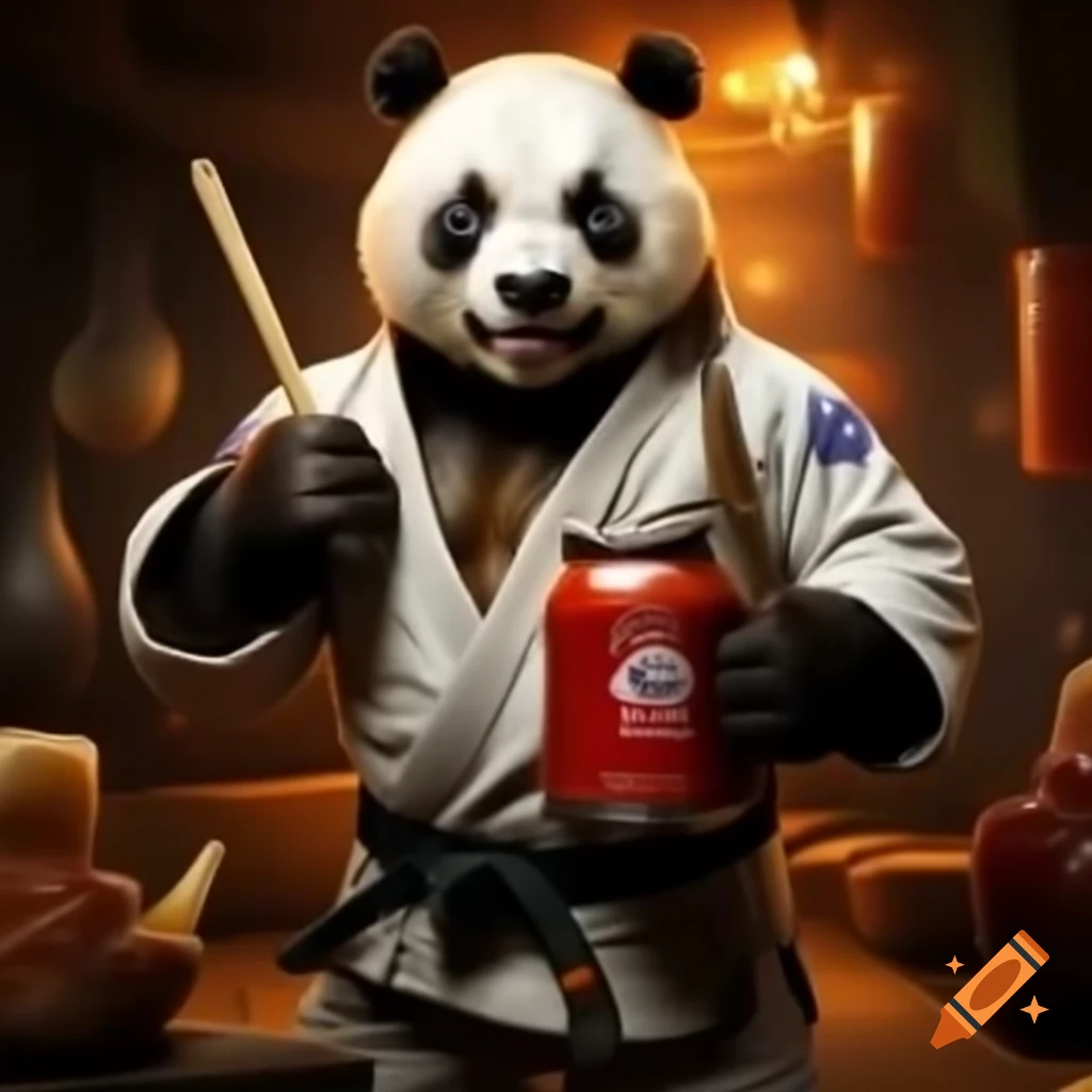 Muscular panda in judo-gi with yellow belt holding chicken drumstick ...