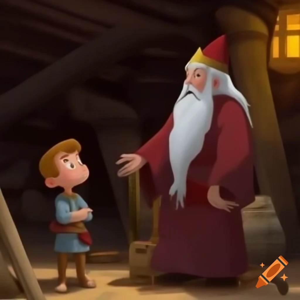 Young prince ivan with wise man in cozy wooden hut on Craiyon