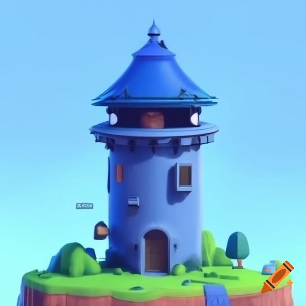 Blue medieval tower with sturdy base and small turret on Craiyon