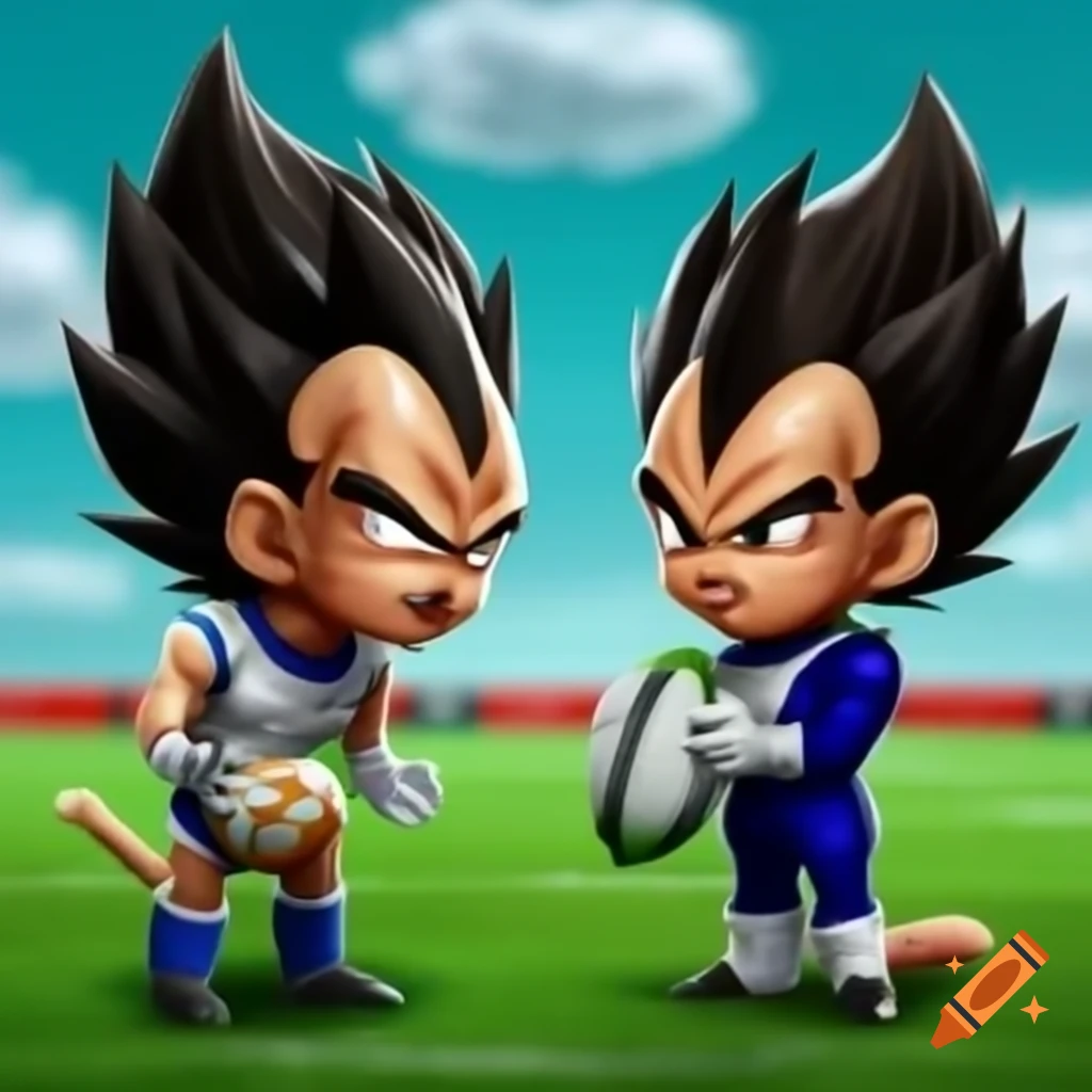 Sangoku and Vegeta on a rugby field on Craiyon