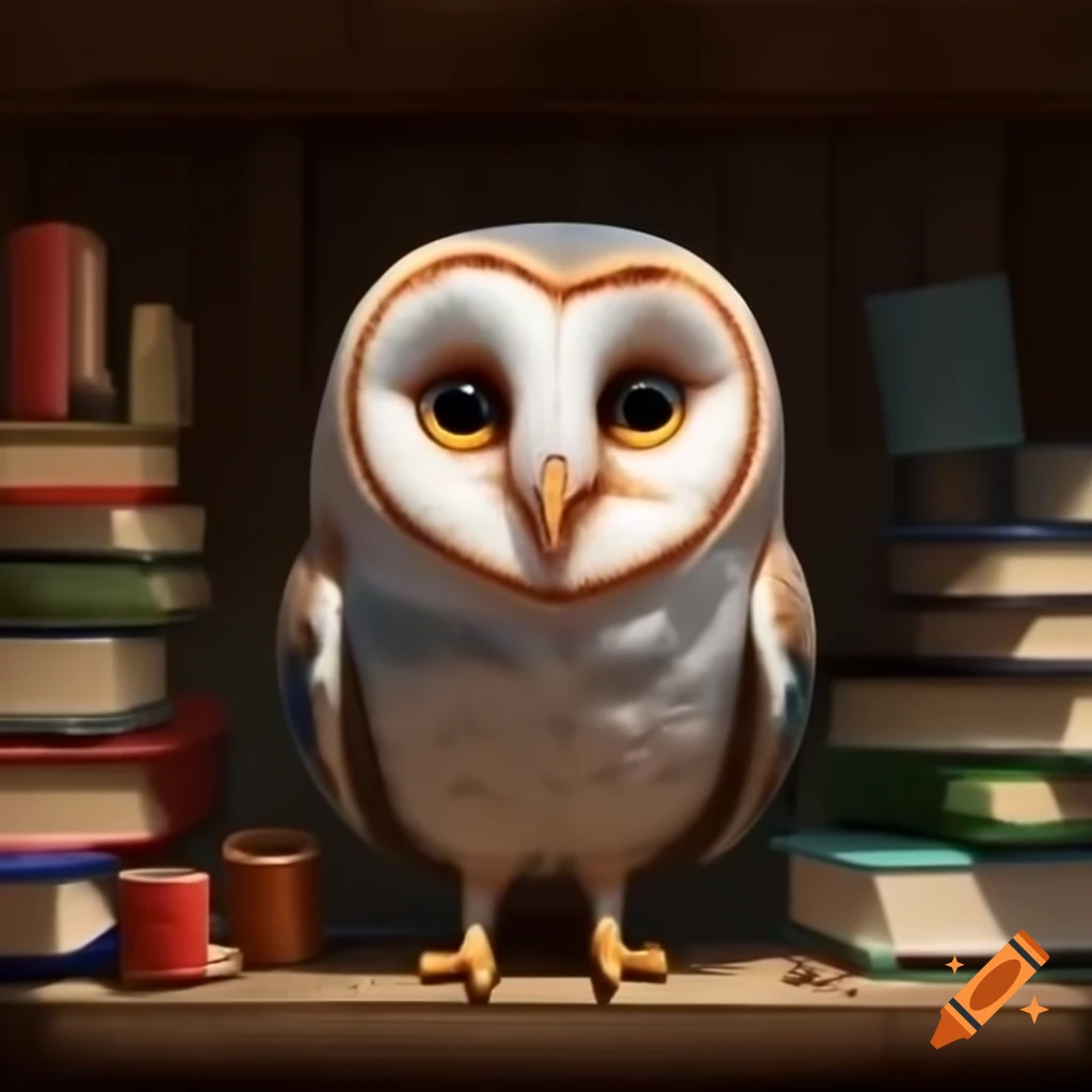 Screech owl, great horned owl, and barn owl standing together on Craiyon