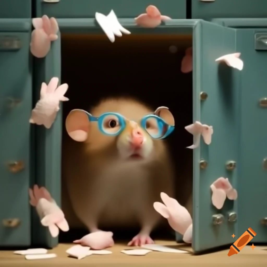 Paper rats falling from locker onto girl with brown hair and blue ...