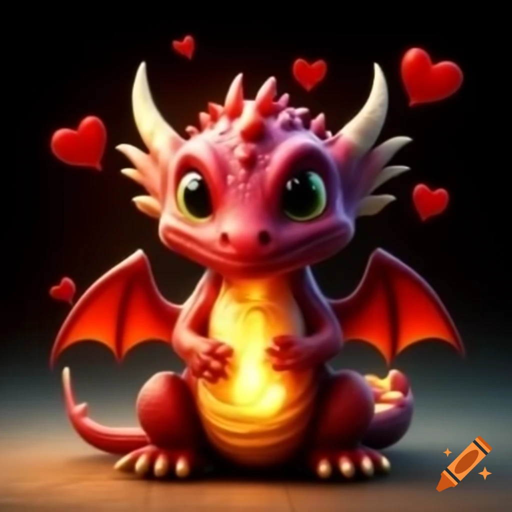 Small fire-breathing dragon surrounded by hearts on Craiyon