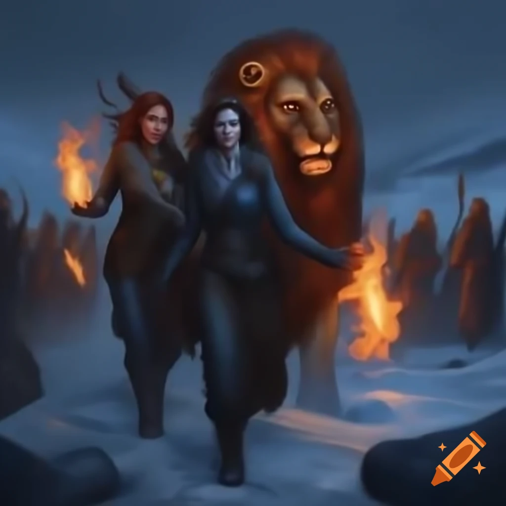 Women worshiping lion god by fire with sabretooth head and zombies in ...