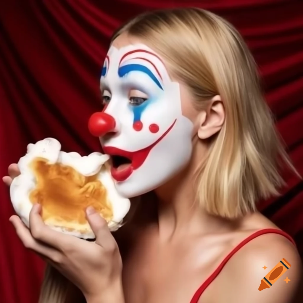 Young woman with freckles wearing red clown nose and cake on her face ...