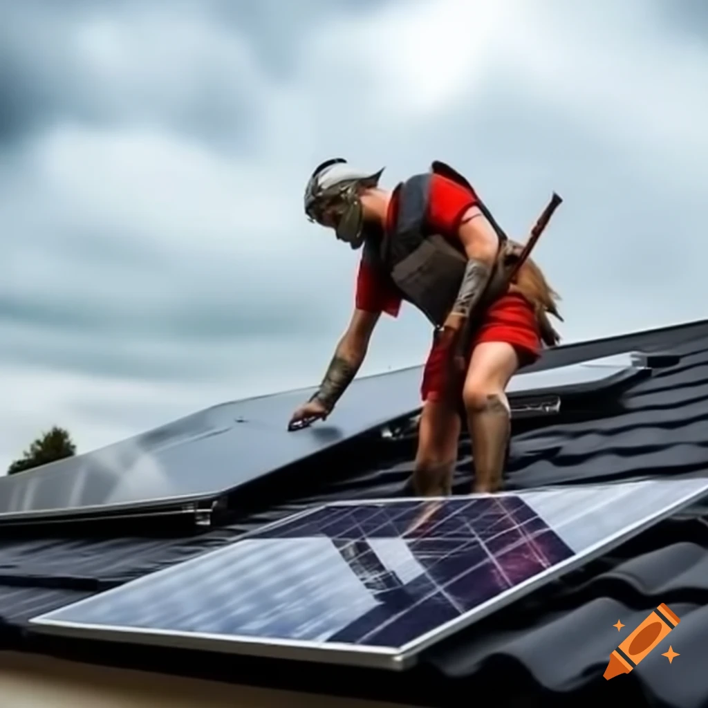 Roman gladiator installing solar panels on a modern home on Craiyon
