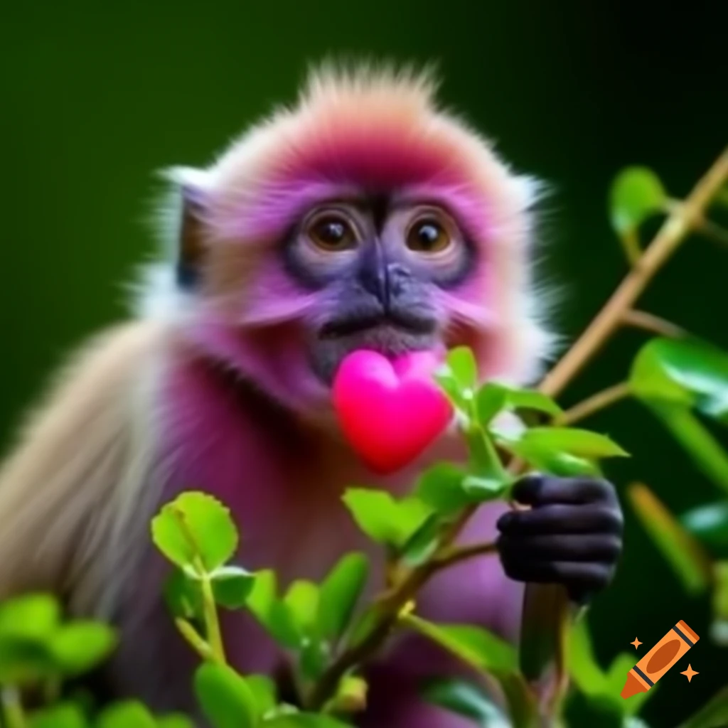 Colorful sugar monkey with heart-shaped nose under bush on Craiyon