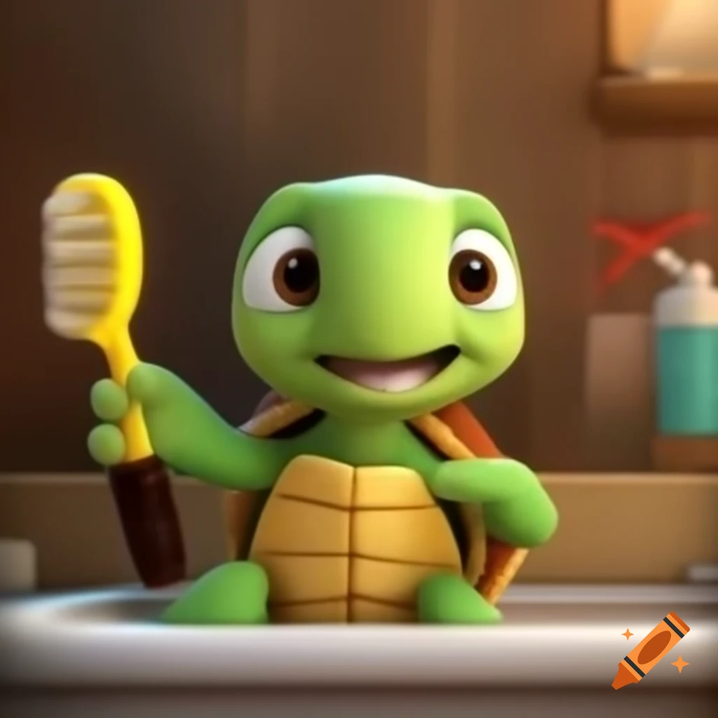 Happy green turtle brushing teeth with mom in cozy bathroom on Craiyon