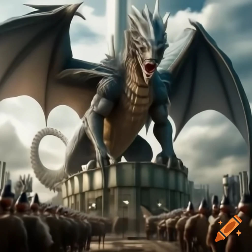 Men running to fight dragon in realistic fantasy landscape, Boris ...