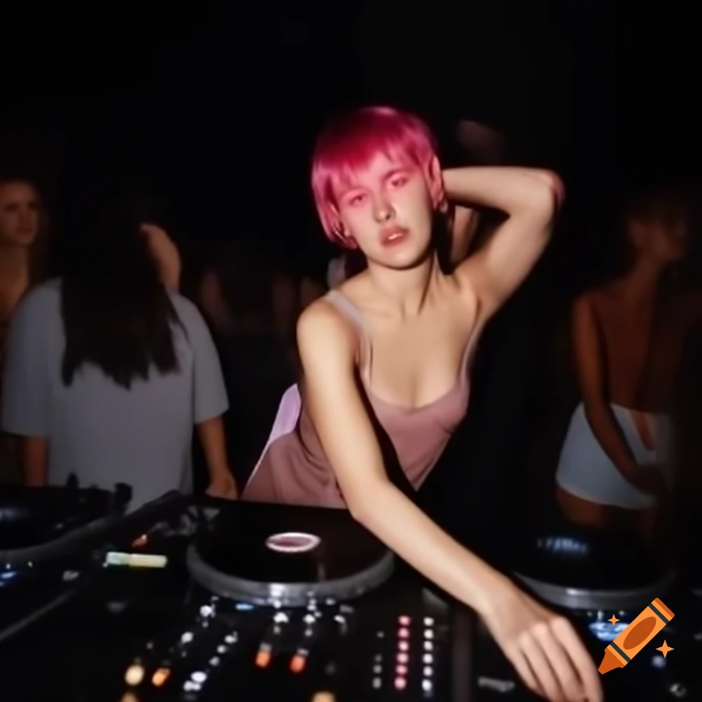 Caucasian transgender woman djing with pink hair and cdj decks at a club on Craiyon