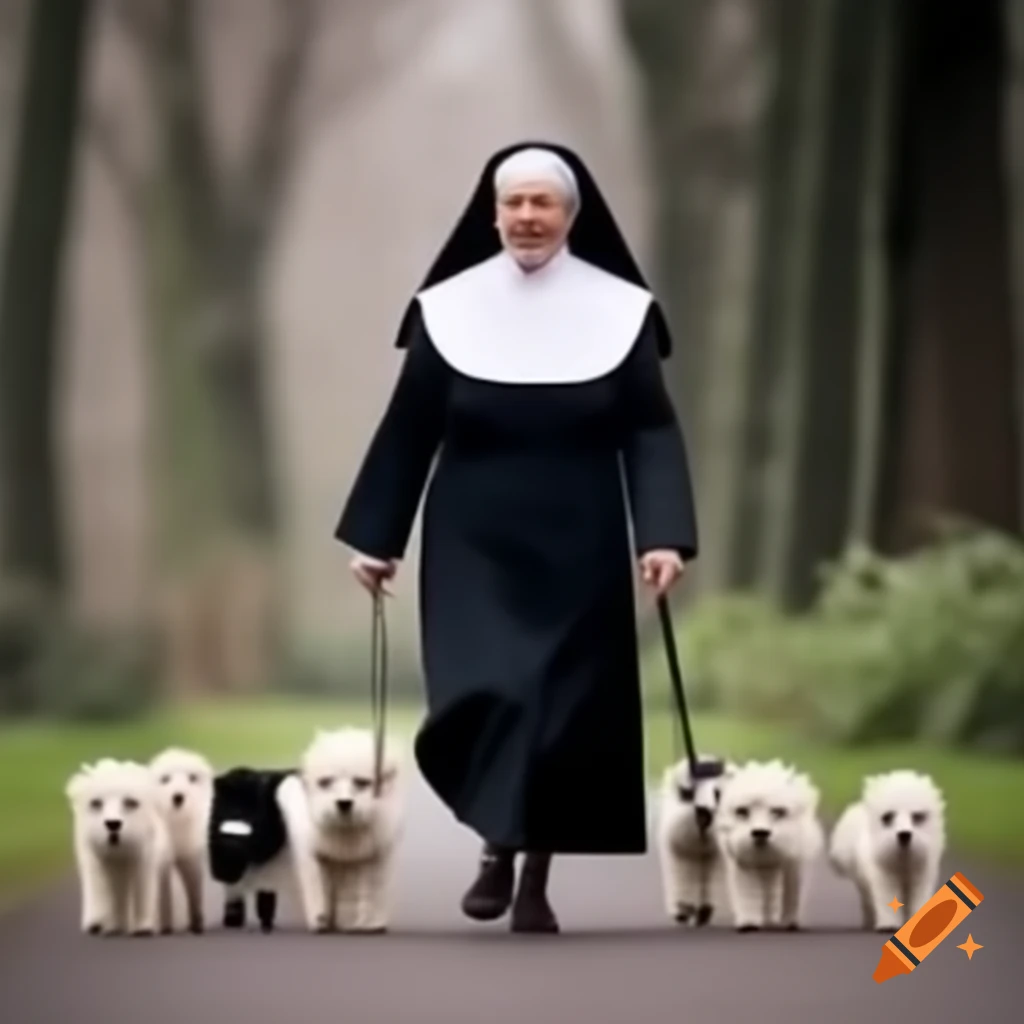 Nun walking among small puppies on Craiyon