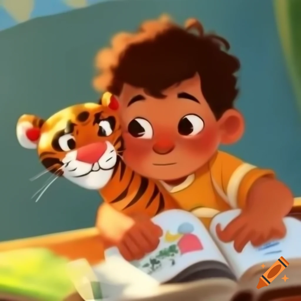Drawing of a happy kid with a book and a curious tiger on Craiyon