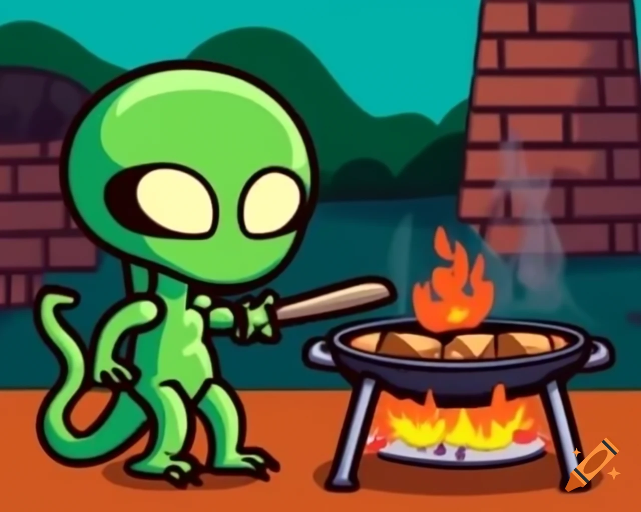 Xenomorph grilling at barbecue in Scribblenauts Unlimited style on Craiyon