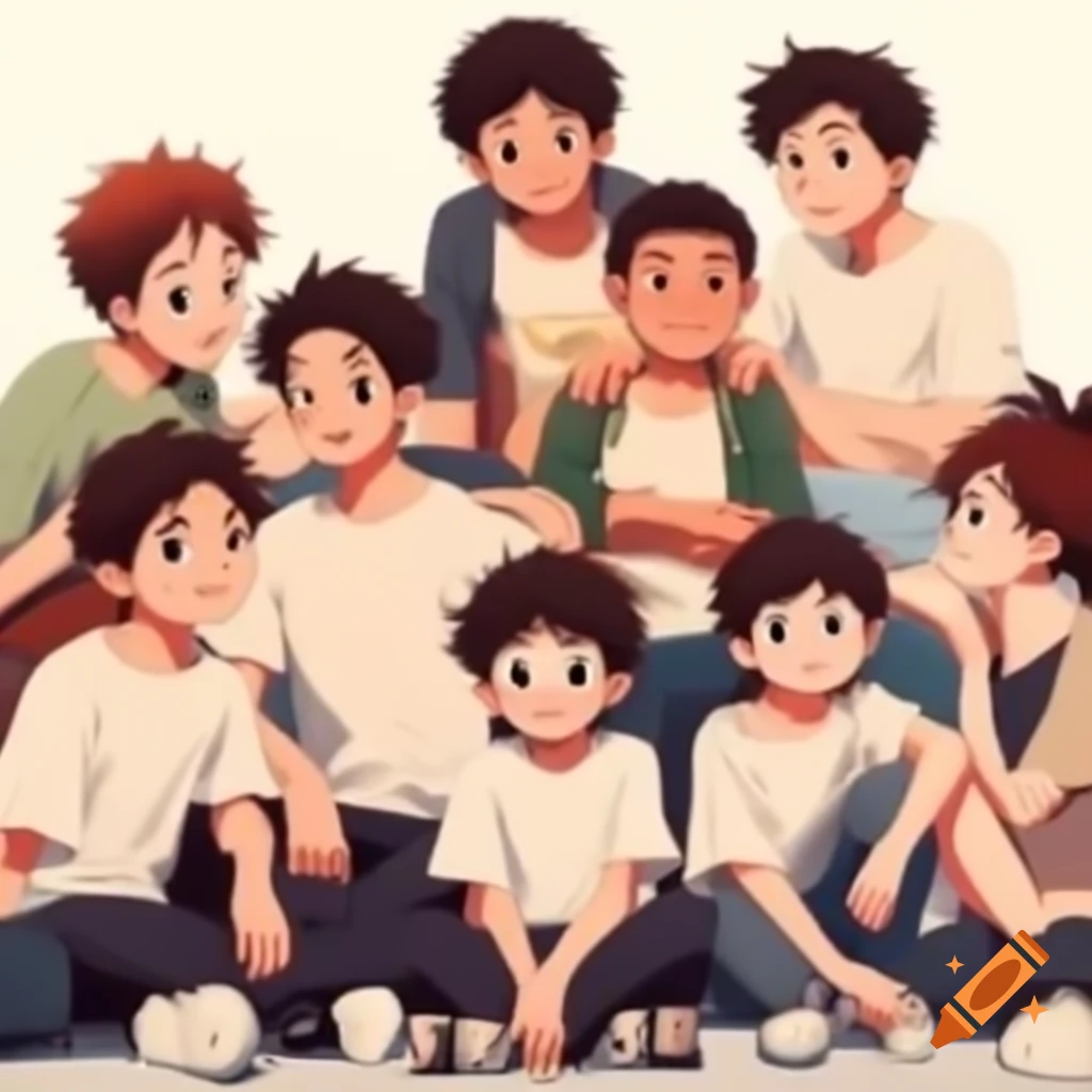 Group of 8 friends wearing plain t-shirts in anime style on Craiyon
