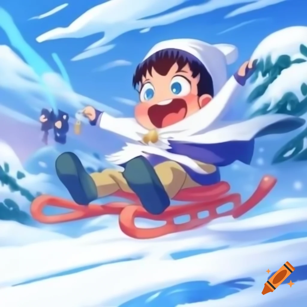 Boy with blue eyes joyfully sledding down snowy hill in anime art style ...