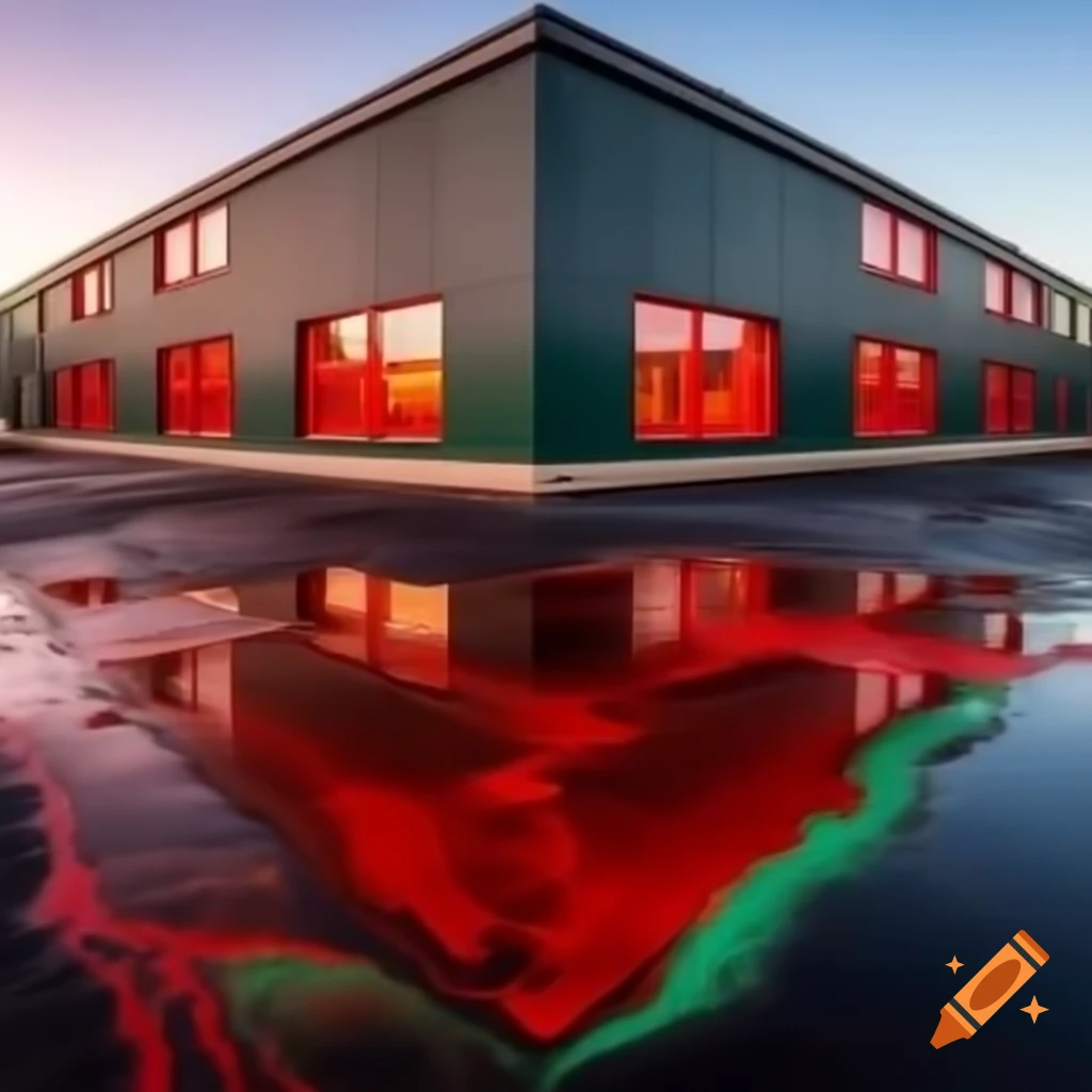 Bubbling red and green liquid flowing from school building against ...